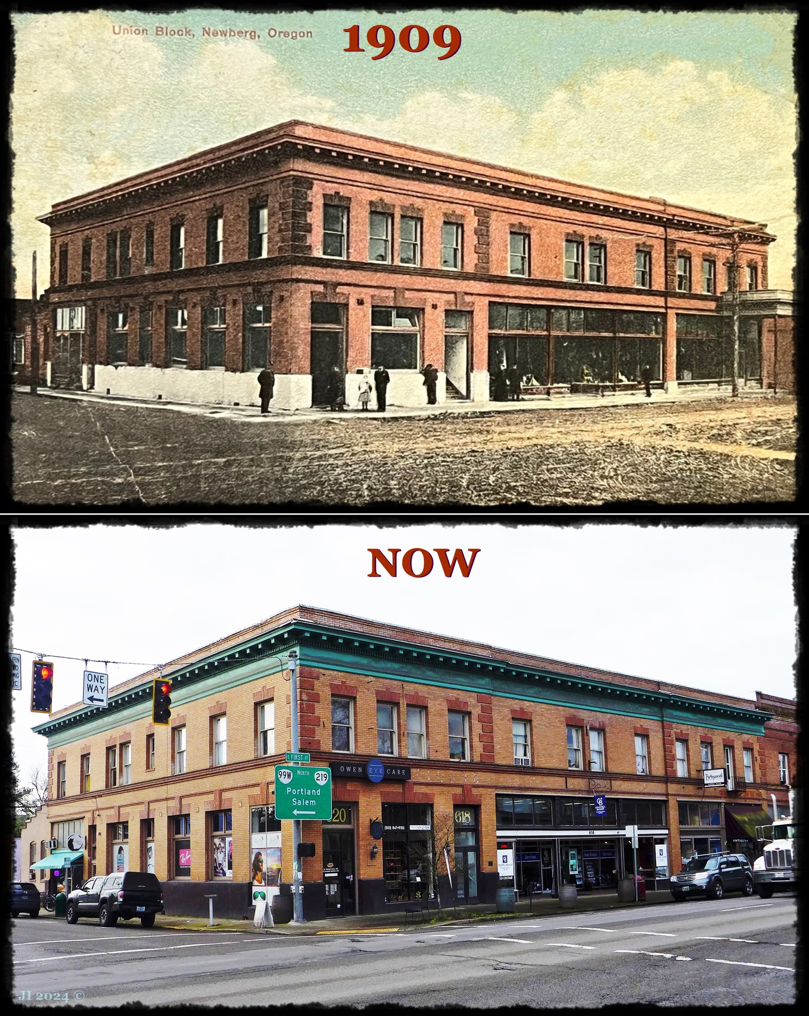 The "Union Block" in downtown Newberg as seen in 1909 and NOW